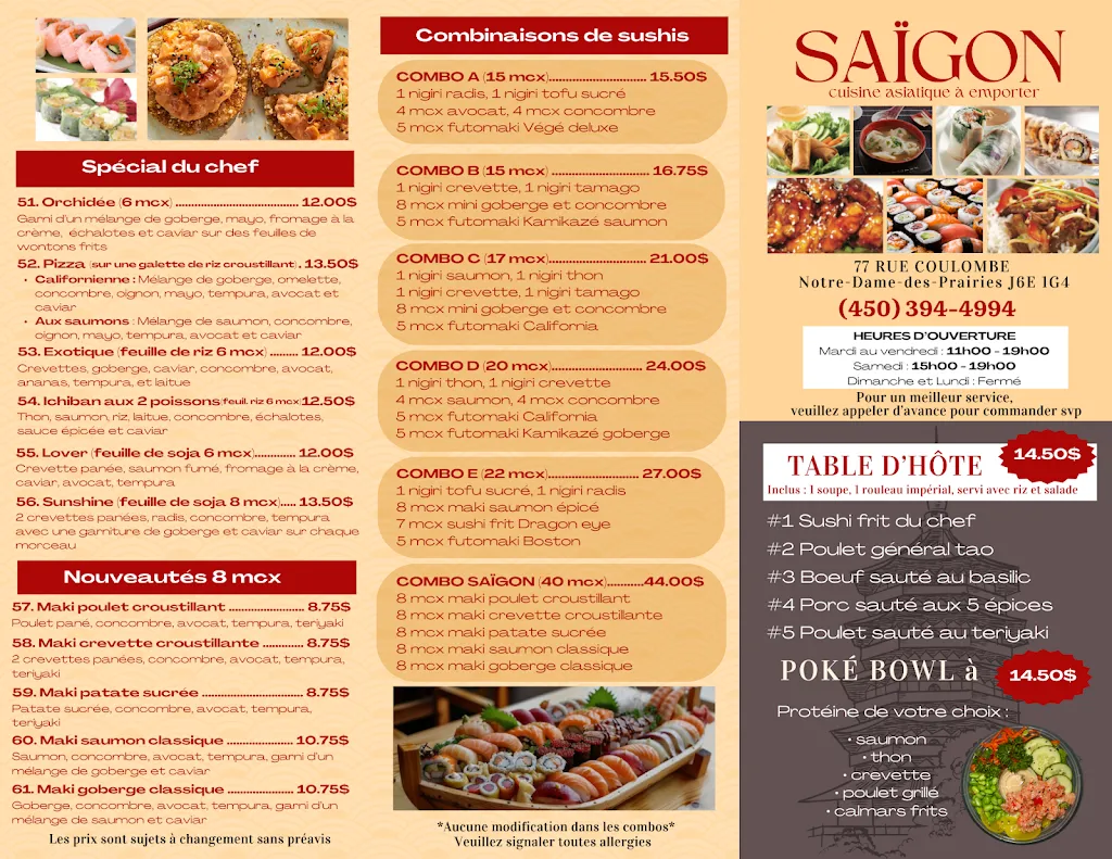 Saïgon (cuisine asiatique à emporter), Notre-Dame-des-Prairies | Menu ...